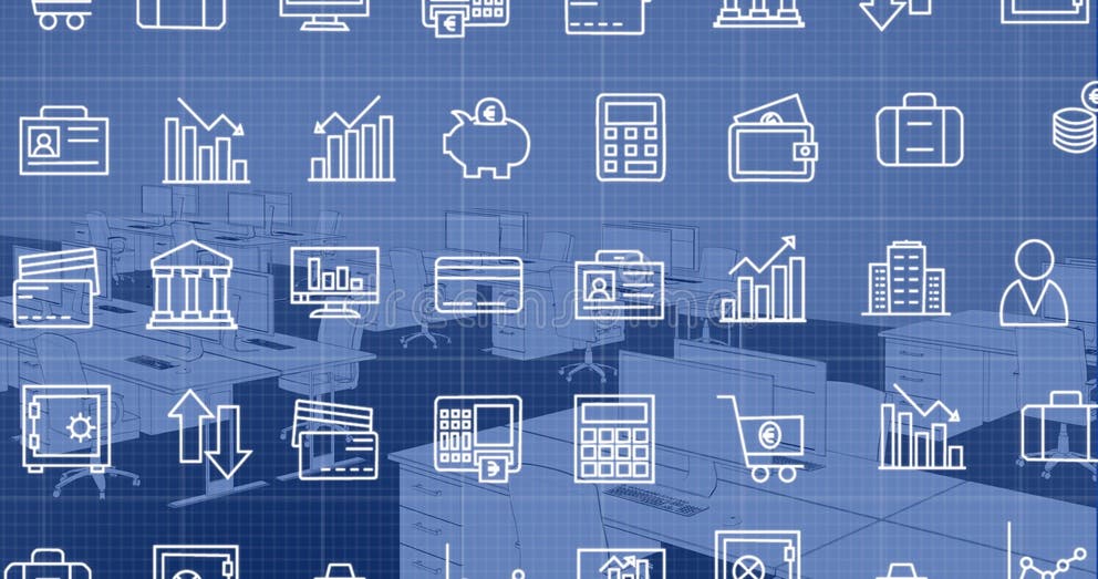 Image of Multiple Icons and Grid Pattern Over 3d Model of Digital ...