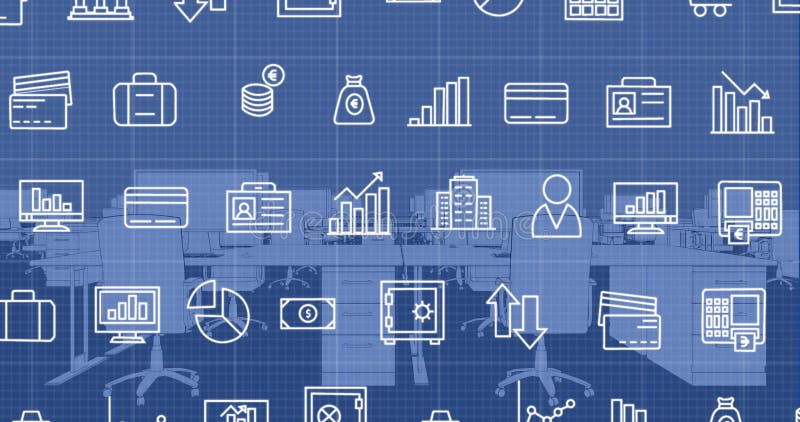 Image of Multiple Icons and Grid Pattern Over Digital Modern Workplace ...