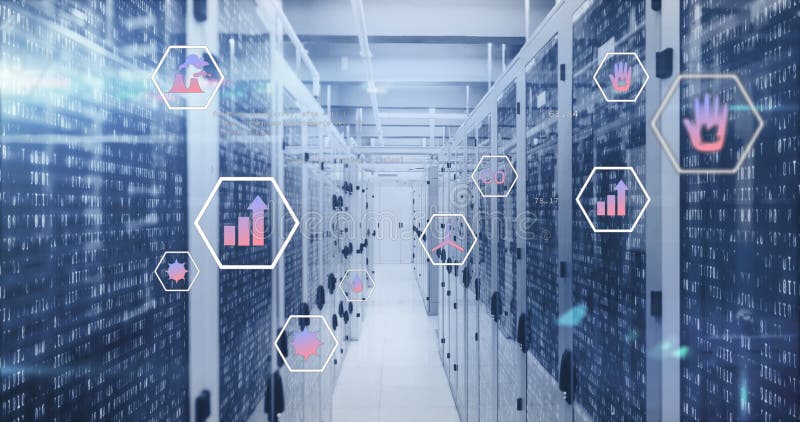 Image of Multiple Icons and Lens Flares Over Binary Codes on Data Server Racks Stock Image ...