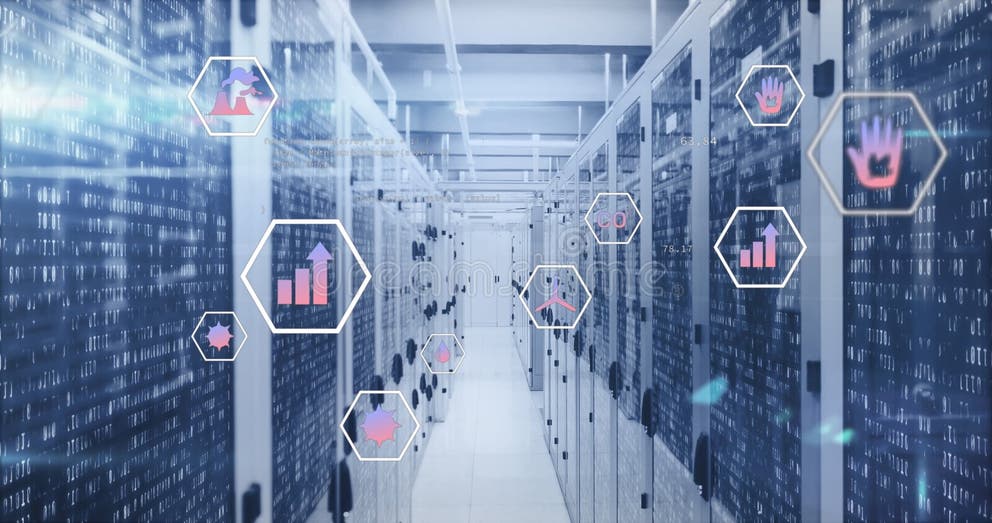 Image of Multiple Icons and Lens Flares Over Binary Codes on Data Server Racks Stock Image ...