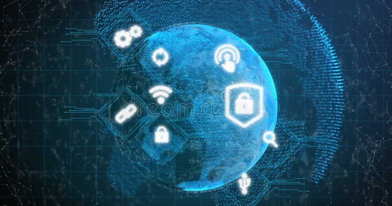 Image of Multiple Icons Over Connected Dots Around Globes Over Abstract ...
