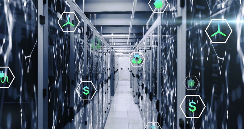 Image of Multiple Icons Over Connected Dots on Data Server Systems in Server Room Stock Photo ...