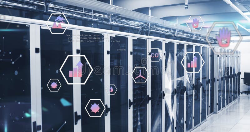 Image of Multiple Icons Over Connected Dots on Server Racks in Server Room Stock Image - Image ...