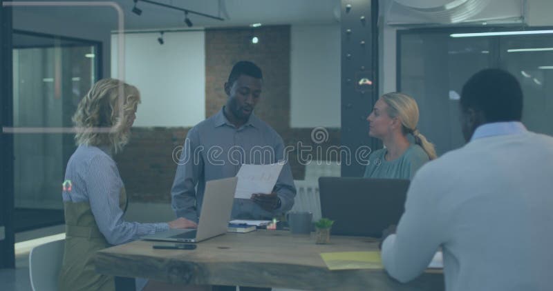 Image of Multiple Icons Over Diverse Coworkers Analyzing and Discussing ...
