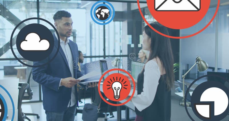 Image of Multiple Icons Over Diverse Coworkers Standing and Discussing ...