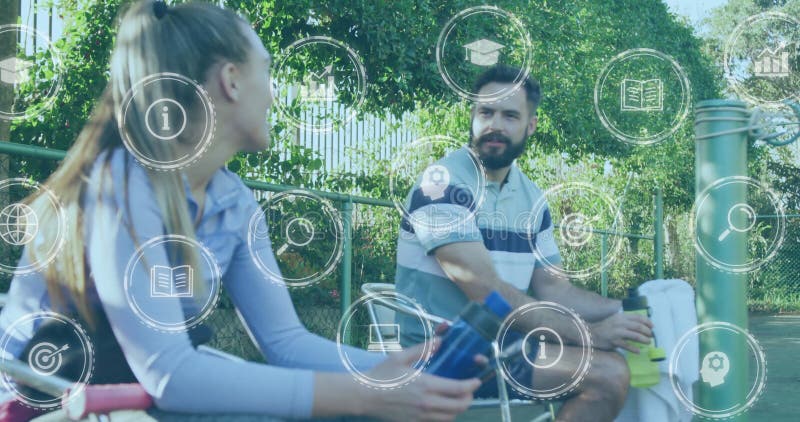 Image of Multiple Icons Over Diverse Friends Talking while Drinking ...