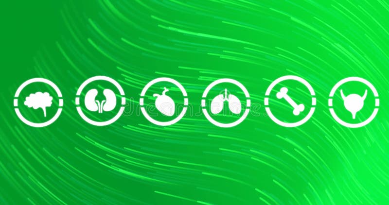 Image of Multiple Medical Icons Over Wavy Light Trails Against Green ...
