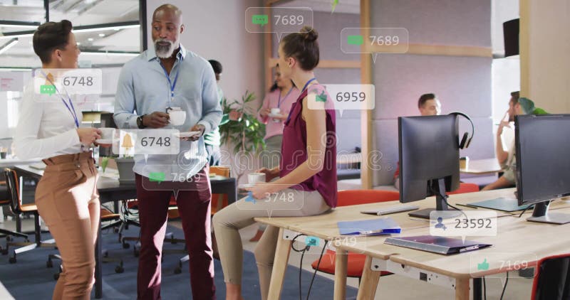 Image of Multiple Notification Bars, Diverse Coworkers Discussing while ...