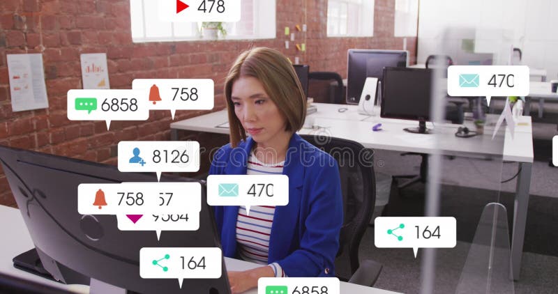 Image of Multiple Notification Bars Over Asian Woman Working on ...