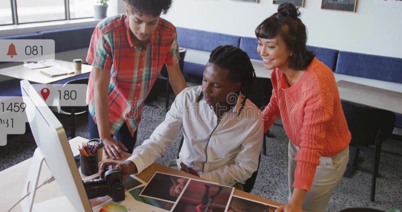 Image of Multiple Notification Bars Over Diverse Coworkers Discussing ...