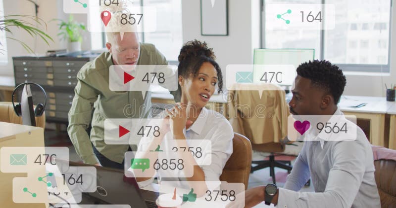 Image of Multiple Notification Bars Over Diverse Coworkers Discussing ...