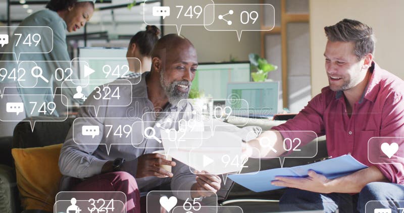 Image of Multiple Notification Bars Over Diverse Coworkers Discussing ...