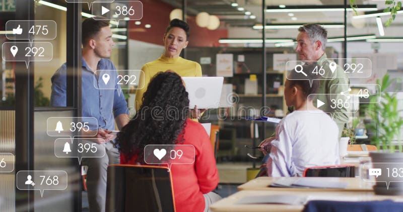 Image of Multiple Notification Bars Over Diverse Coworkers Sharing ...