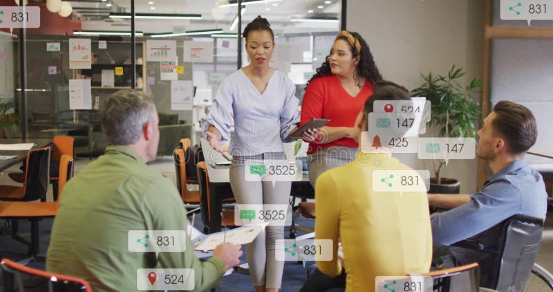 Image of Multiple Notification Bars Over Diverse Coworkers Sharing ...