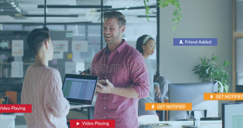 Image of Multiple Notification Bars Over Diverse Coworkers Standing and ...