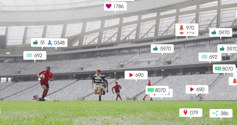 Image of Multiple Notification Bars Over Diverse Rugby Player Playing ...