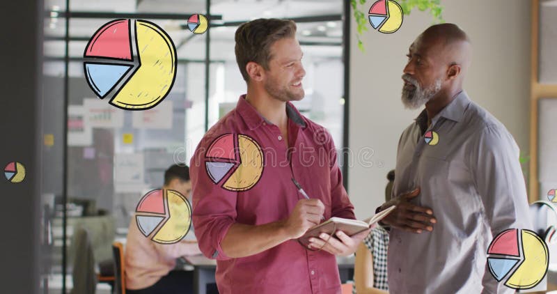 Image of Multiple Pie Graph Icons Over Two Diverse Men Smiing while ...