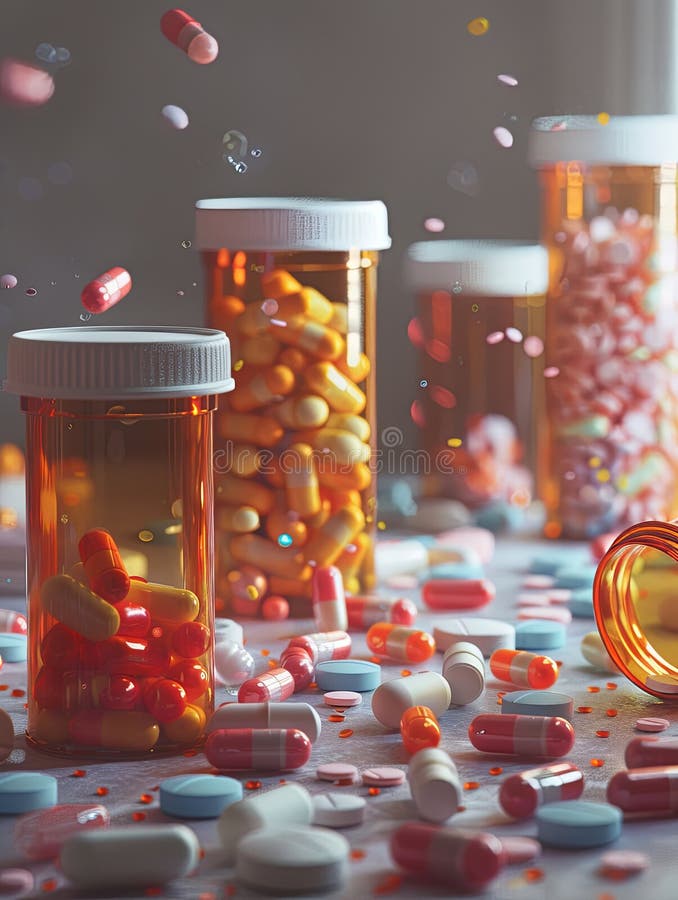 An Image of Multiple Prescription Pill Bottles with Their Caps Open and ...