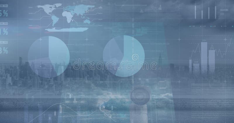 Image of Multiple Screens with Data Processing Against Aerial View of ...