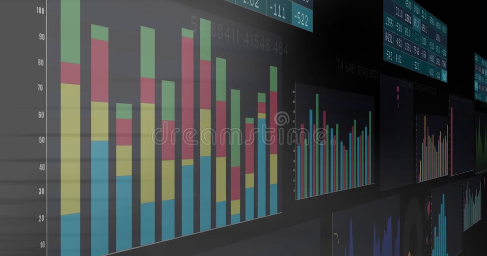 Image of Multiple Screens with Statistical Data Processing Against Grey ...