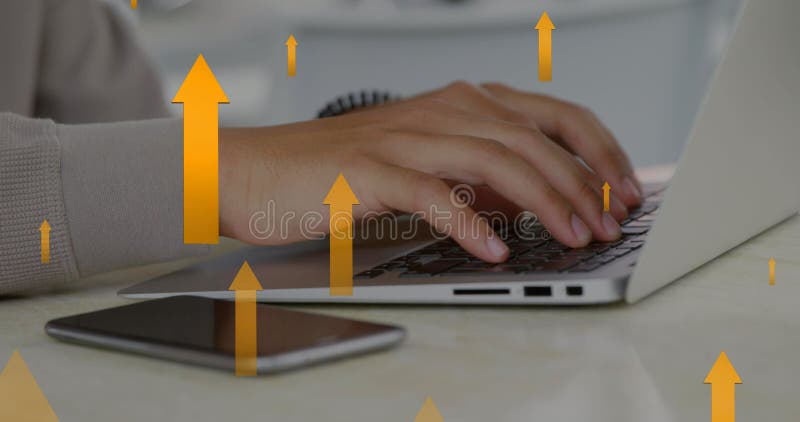 Image of Multiple Up Arrow Over Cropped Hands of Caucasian Man Working ...