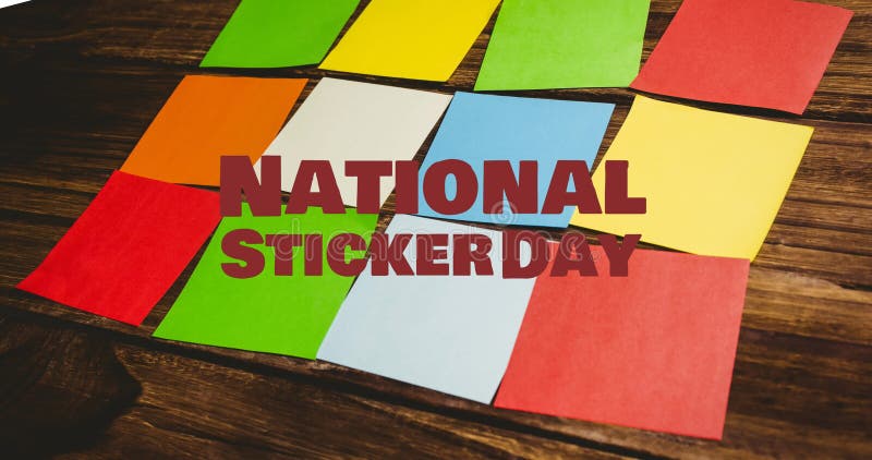 Image of National Sticker Day in Red Letters Over Multi Coloured Memo ...