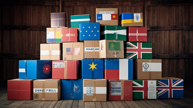 International E-commerce Represented by Delivery Boxes with Flags Stock ...