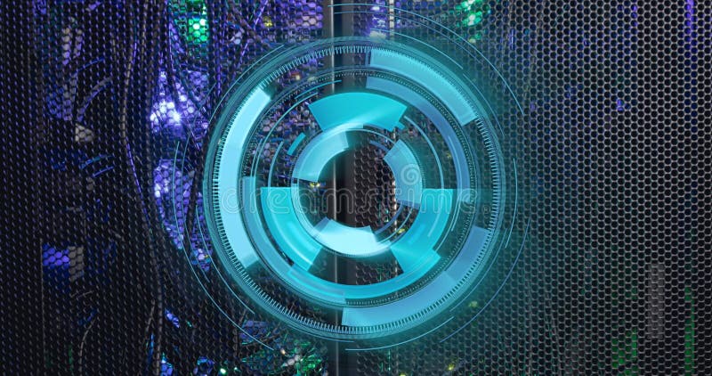 Image of Neon Blue Round Scanner Spinning Against Close Up of Computer ...