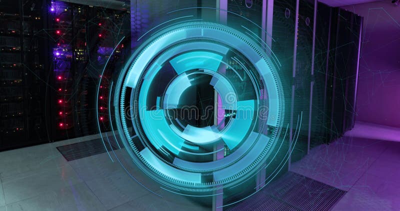 Image of Neon Blue Round Scanner Spinning Against Computer Server Room ...