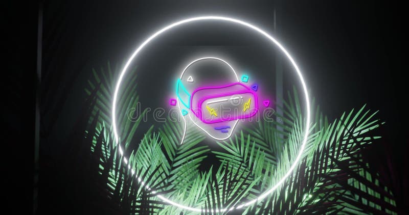 Image of Neon Head in Vr Headset and Ring in White Neon, Over Palm ...