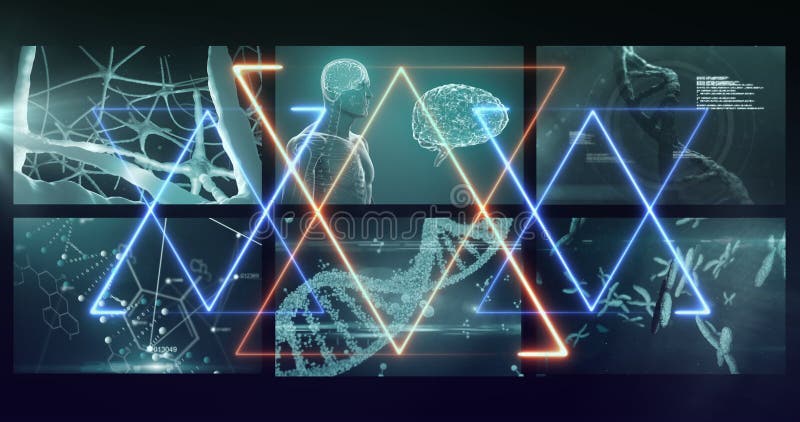 Image of Neon Light Trails Over Screens with Medical Data Processing on ...