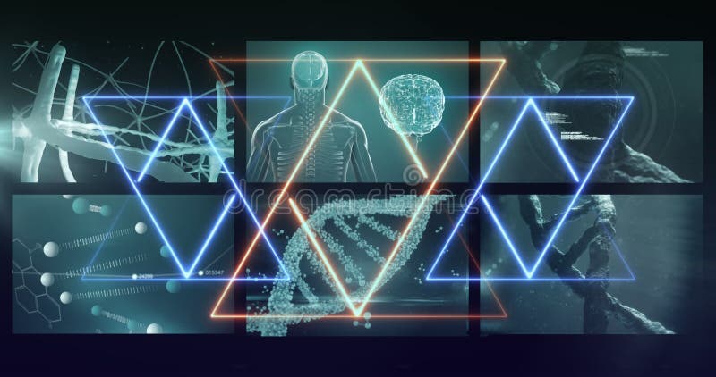 Image of Neon Light Trails Over Screens with Medical Data Processing on ...