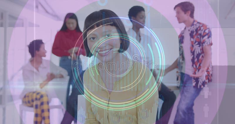 Image of Neon Light Trails and Round Scanner Over Asian Woman Using ...