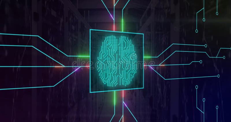 Image of Neon Network of Connections with Brain Over Server Room Stock ...