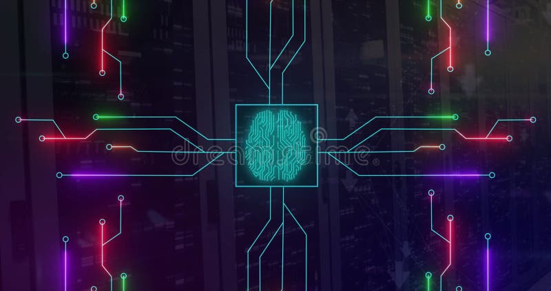 Image of Neon Network of Connections with Digital Brain Over Server ...
