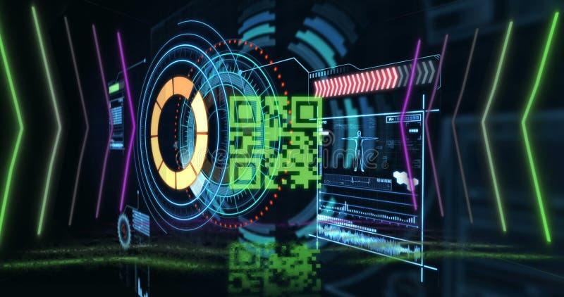 Image of Neon Qr Code with Lines Over Data Processing and Scope ... Image of Neon Qr Code with Lines Over Data Processing and Scope ...