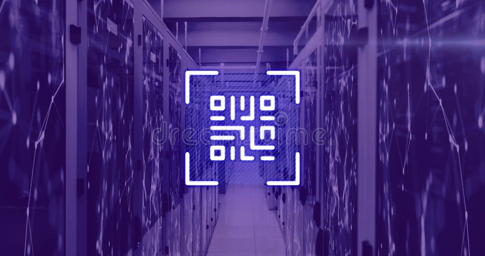 Image of Neon Qr Code Over Server Room in Violet Stock Photo - Image of ...
