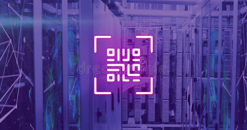 Image of Neon Qr Code Over Server Room in Violet Stock Image - Image of ...