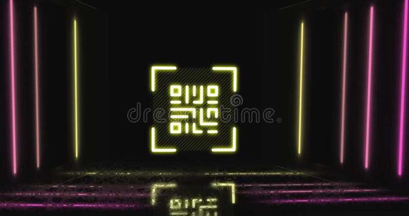 Image of Neon Qr Code Scanner and Light Trails Against Black Background ...