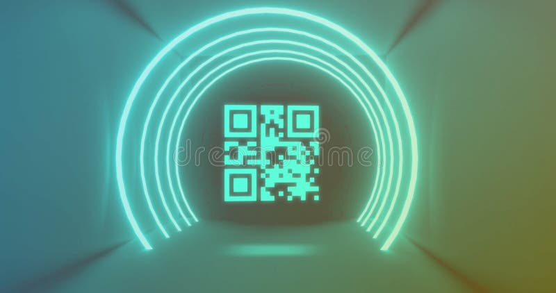 Image of Neon Qr Code Scanner and Light Trails Against Blue Background ...