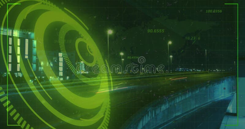 Image of Neon Round Scanner and Light Trails Against City Traffic at ...