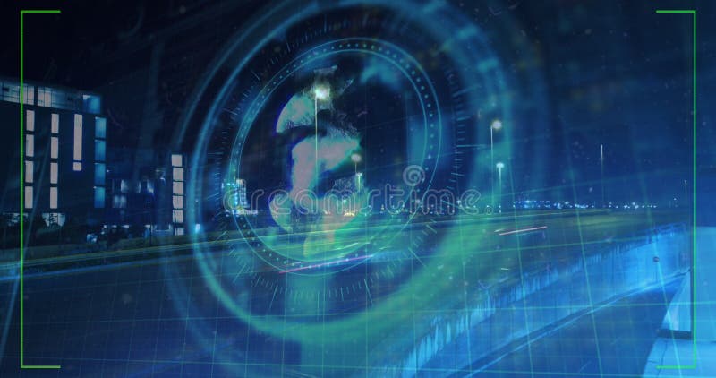 Image of Neon Round Scanner and Light Trails Against City Traffic at ...