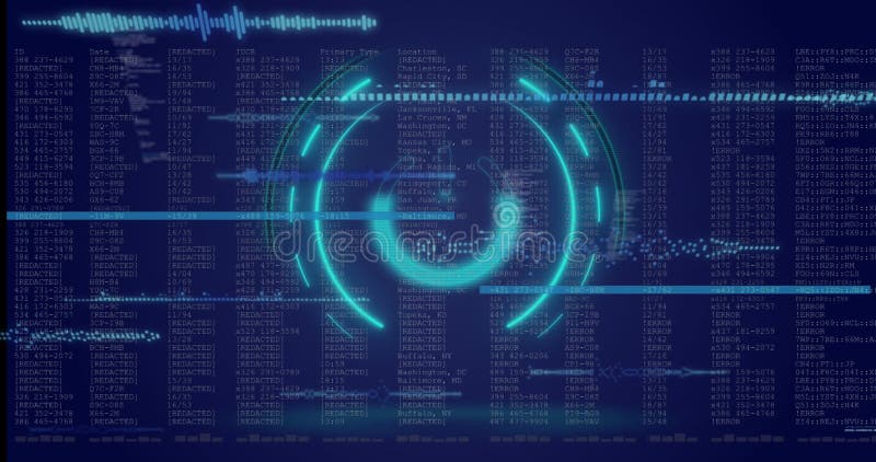 Image of Neon Round Scanner and Light Trails Over Data Processing on ...