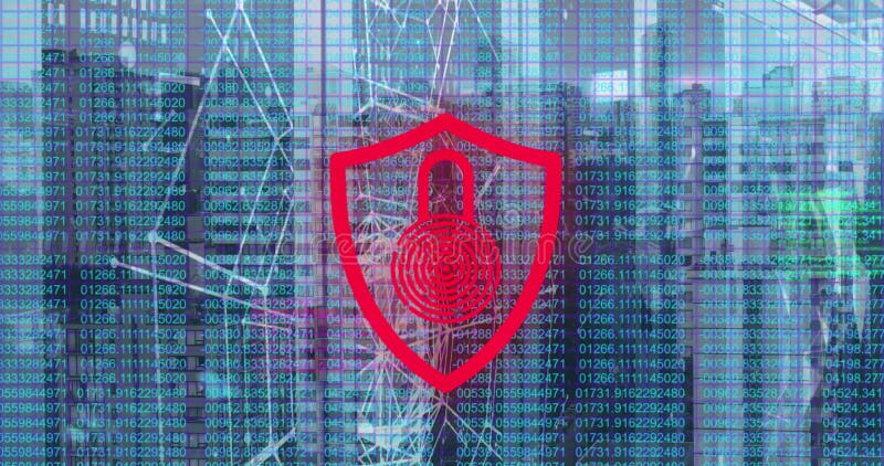 Image of Neon Security Icon with Network Connecting Dots, Coding Against Cityscape Stock Image ...