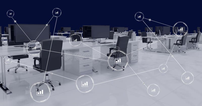 Image of Network of Conncetions with Icons Over Office Interior with ...