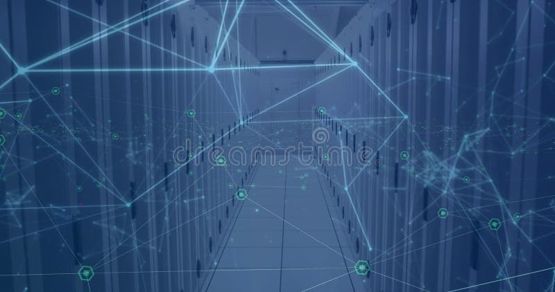 Image of Network of Connections Against Empty Computer Server Room ...