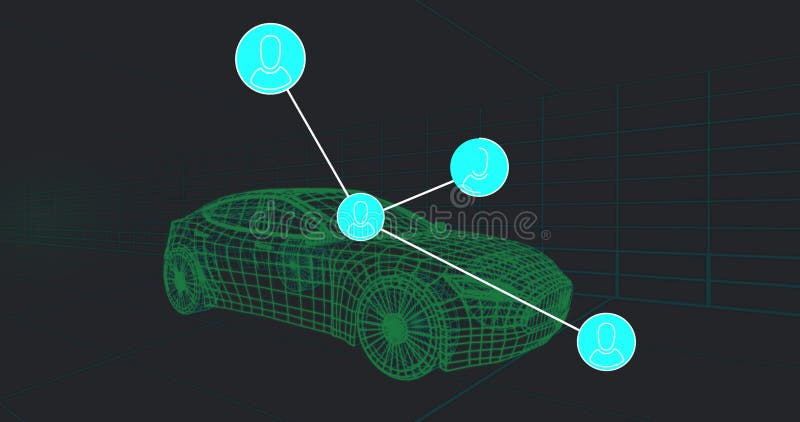 Image of Network of Connections 3d Car Model Over Grid on Black ...