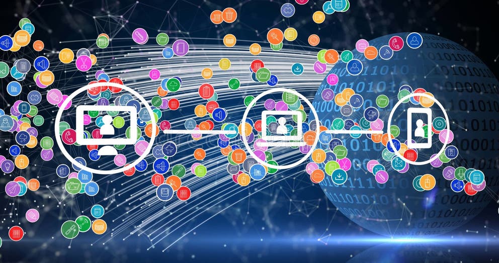 Image of Network of Connections with Digital Icons Over Globe with Binary Coding Stock ...