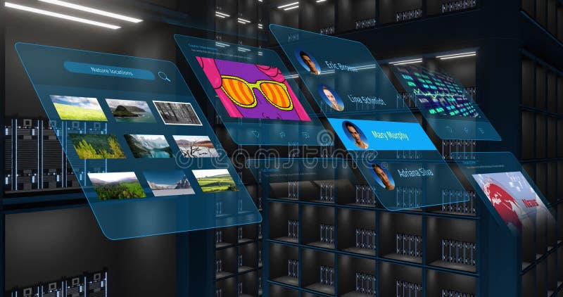 Image of Network of Connections and Digital Icons on Servers Over Black ...