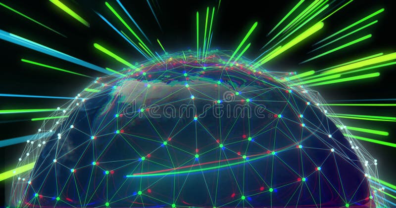 Image of Network of Connections with Globe Over Green and Blue Neon ...